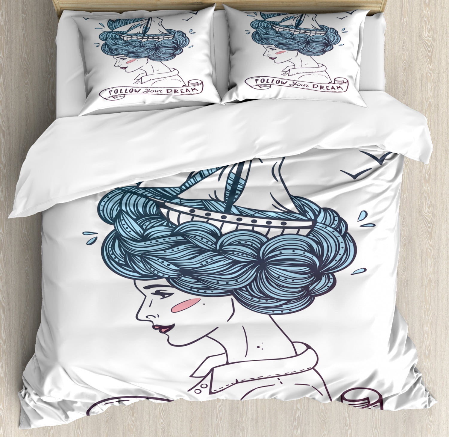 Inspirational Duvet Cover Set Queen Size, Girl Portrait with Pale Blue ...