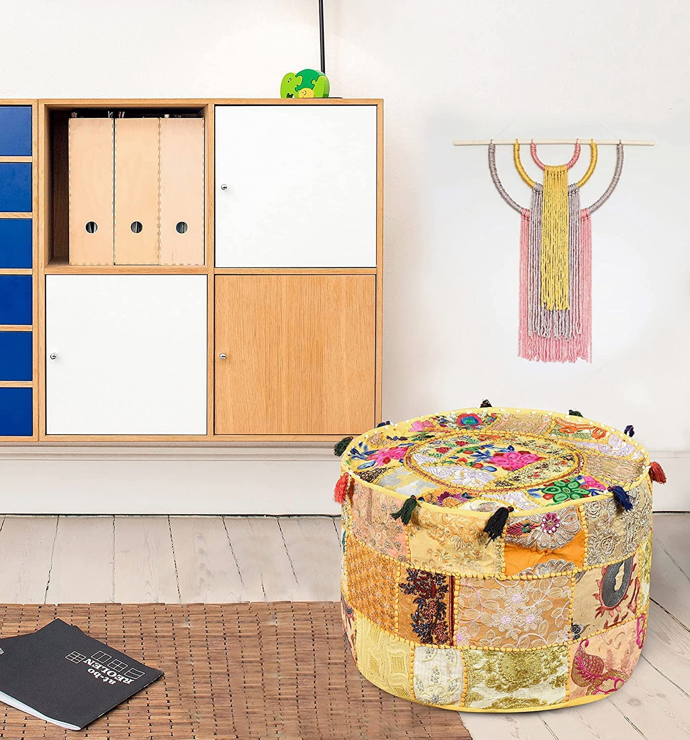 Avgari Creation Yellow Indian Pouf Footstool With Embroidery Pouf ...