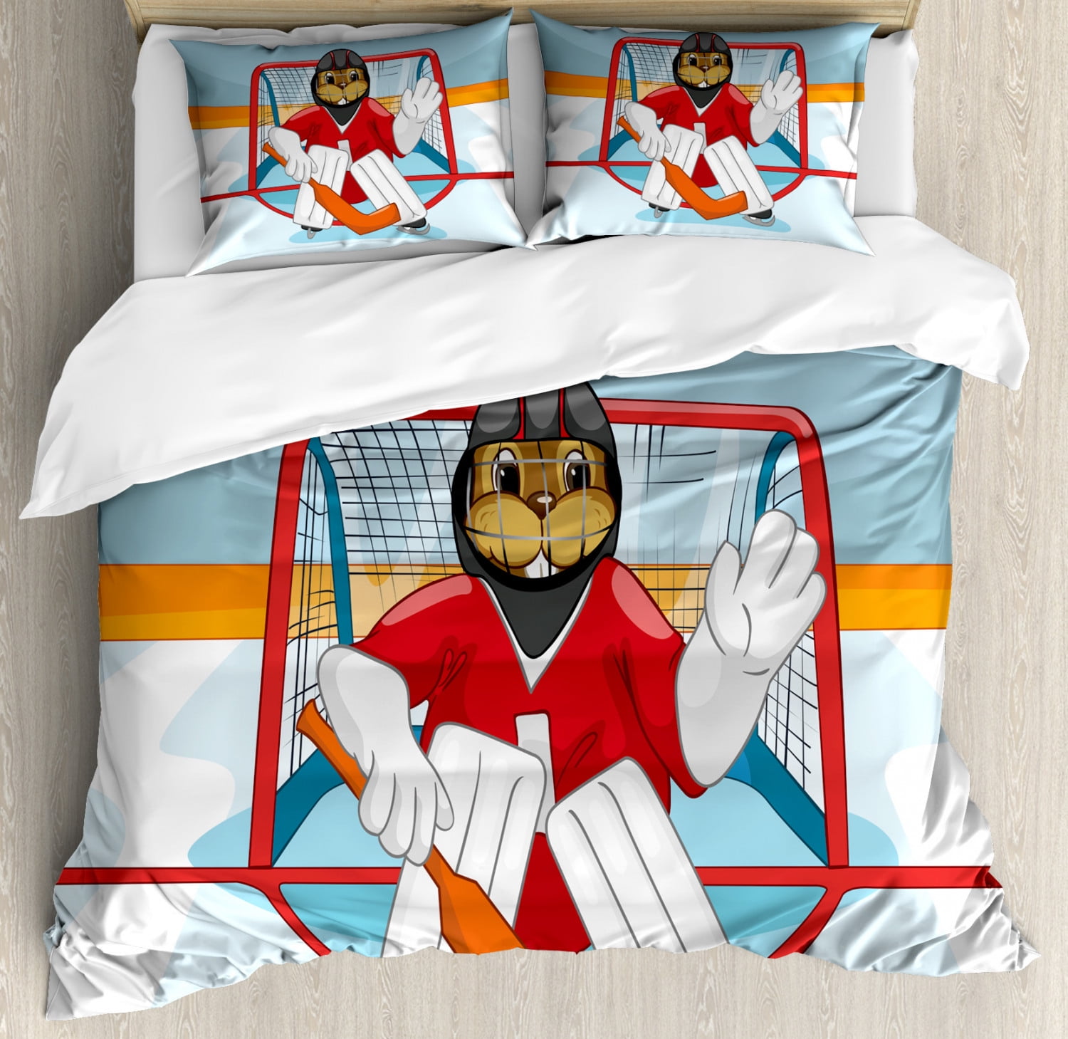 Hockey King Size Duvet Cover Set, Cartoon Style Beaver Plays as a ...