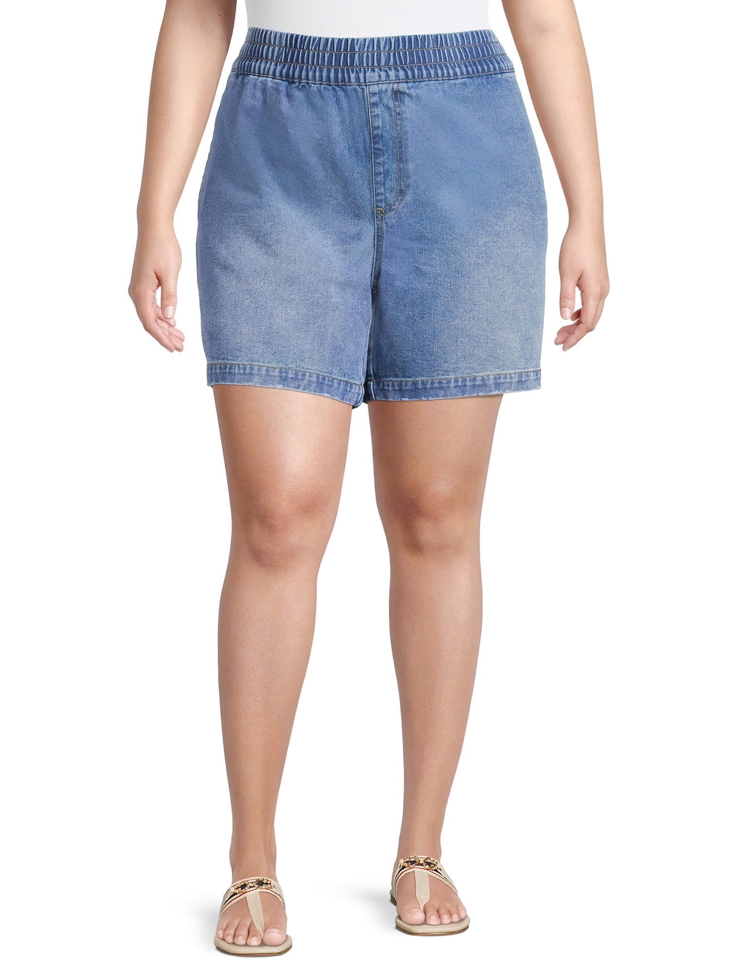 Terra & Sky Women's Plus Size Slouchy Pull-On Denim Shorts - Walmart.com