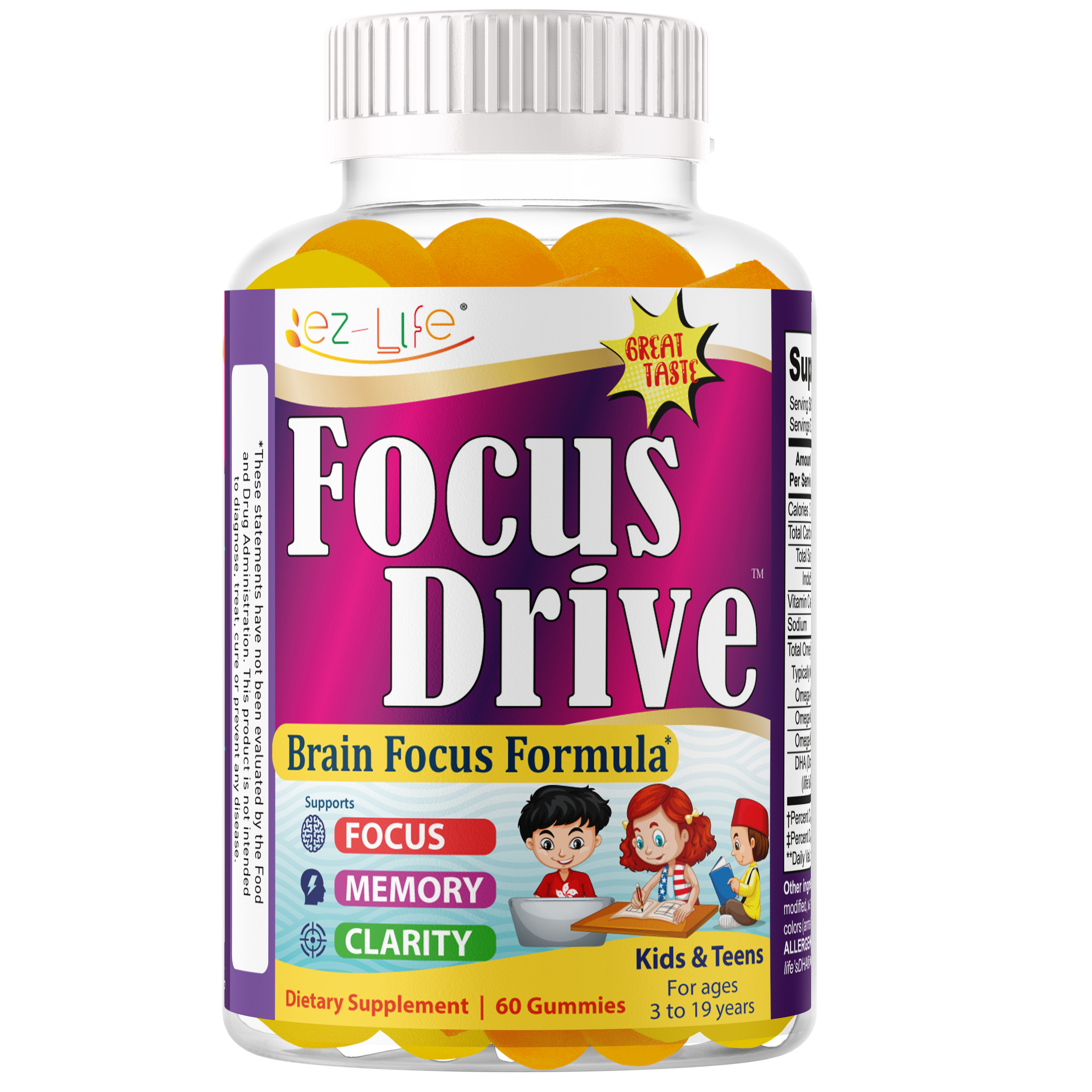 Focus Drive Kids Brain Focus Gummies - Cognitive Support Supplement for ...