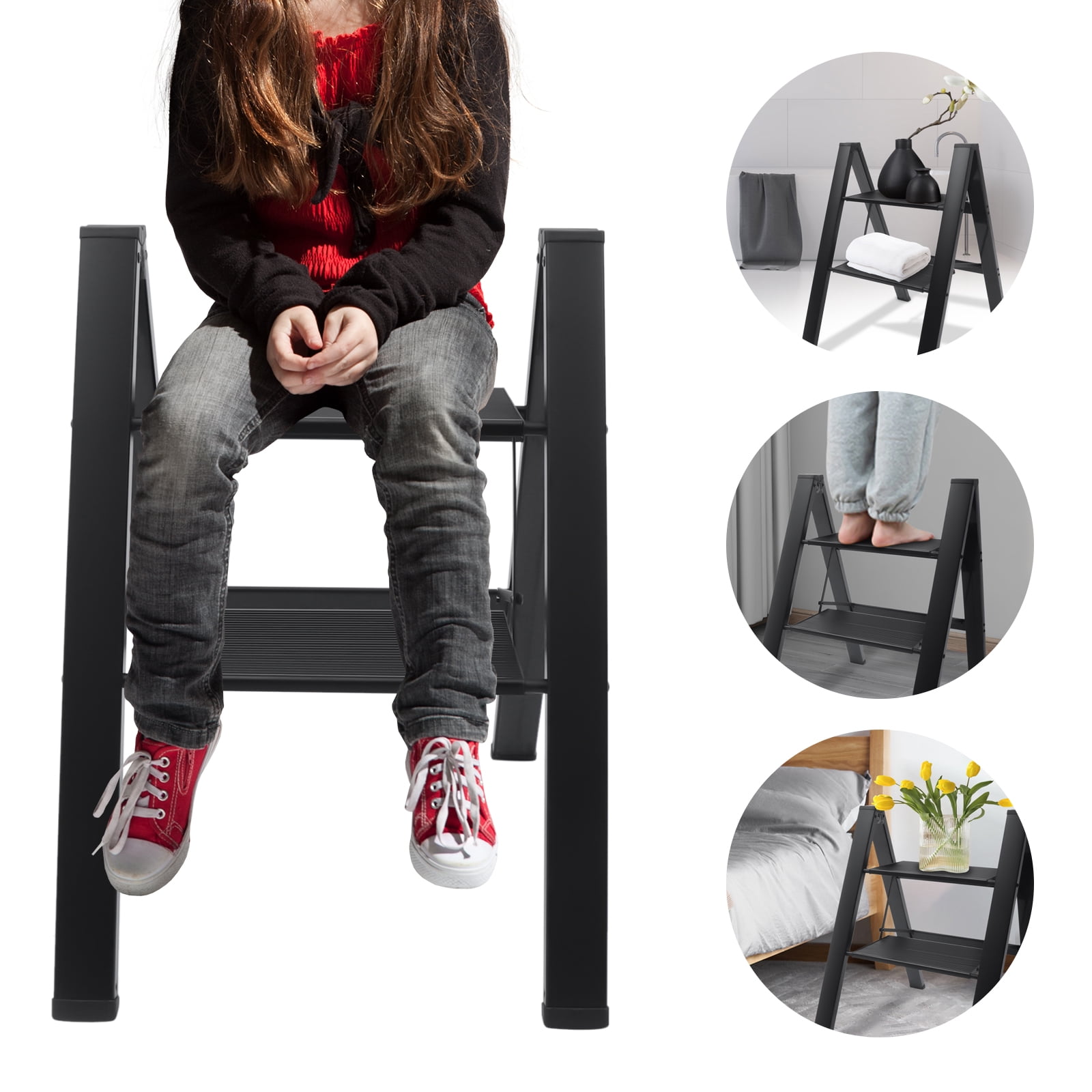 Household 2-Step Folding Steel Step Stool, Metal Non-Slip Folding ...