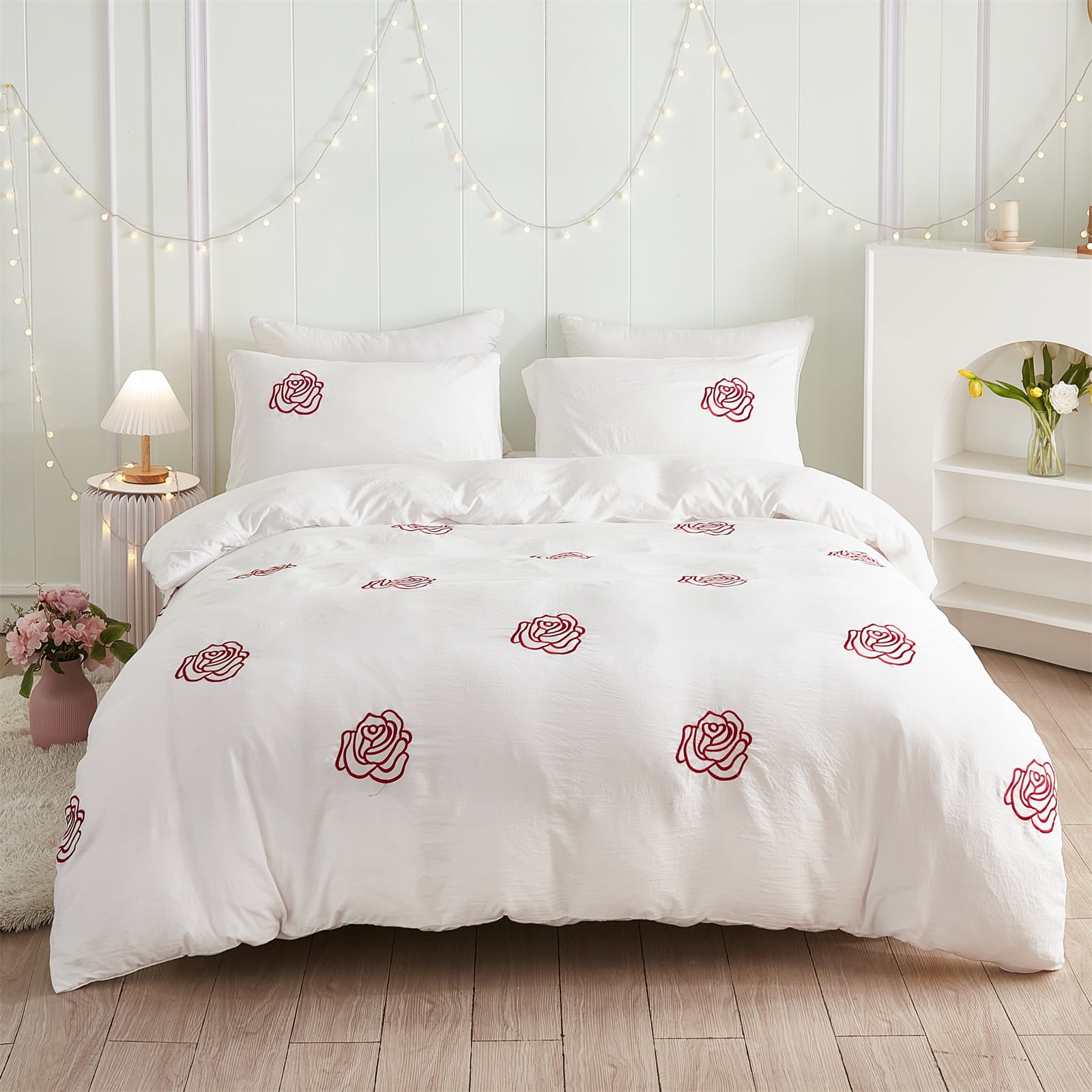 Move Over Embroidery Rose Bedding Sets Queen Red Rose Duvet Cover Set ...