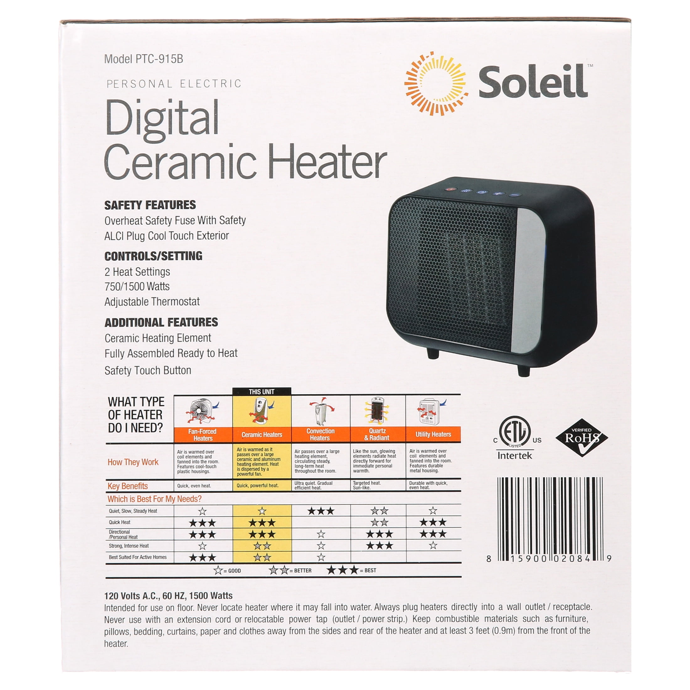 Buy Soleil Electric Digital Ceramic Heater 1500W Indoor Black Online at ...