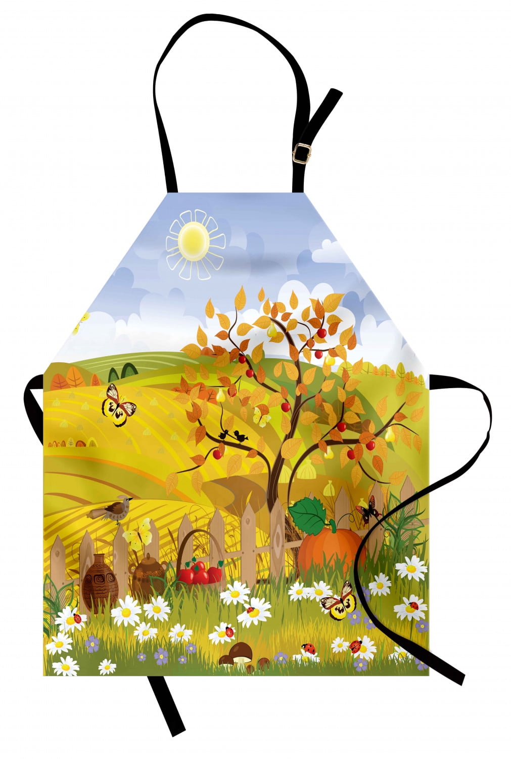 Fall Apron Rural Scenery with Sun Butterflies Birds and Daisies on ...