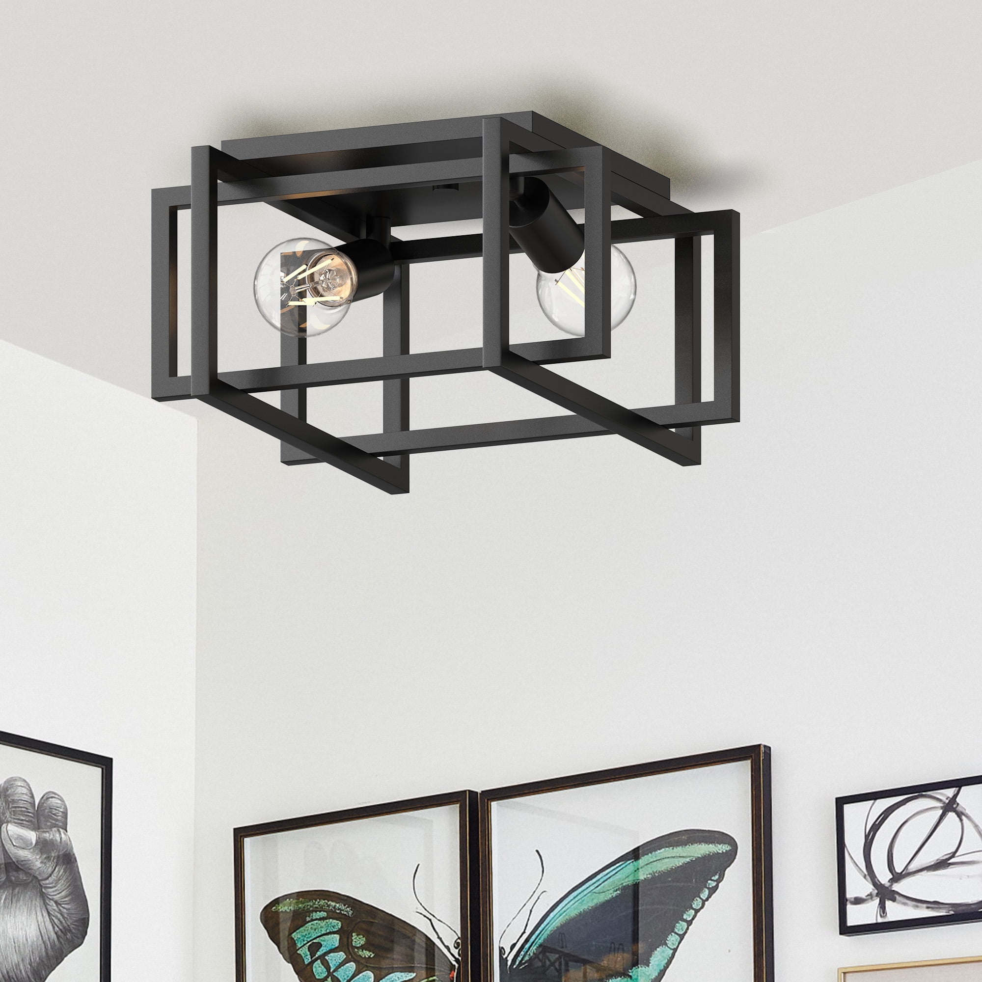 2-Light Flush Mount Ceiling Light Fixture with Black Shade,Cage Ceiling ...