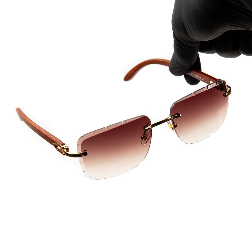 Men's Rimless Gold Frame Burgundy Gradient Tint Gem Cut Woodgrain ...