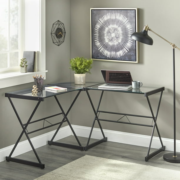 Glass L Shape Corner Computer Desk With Metal Frame - Glass Designs