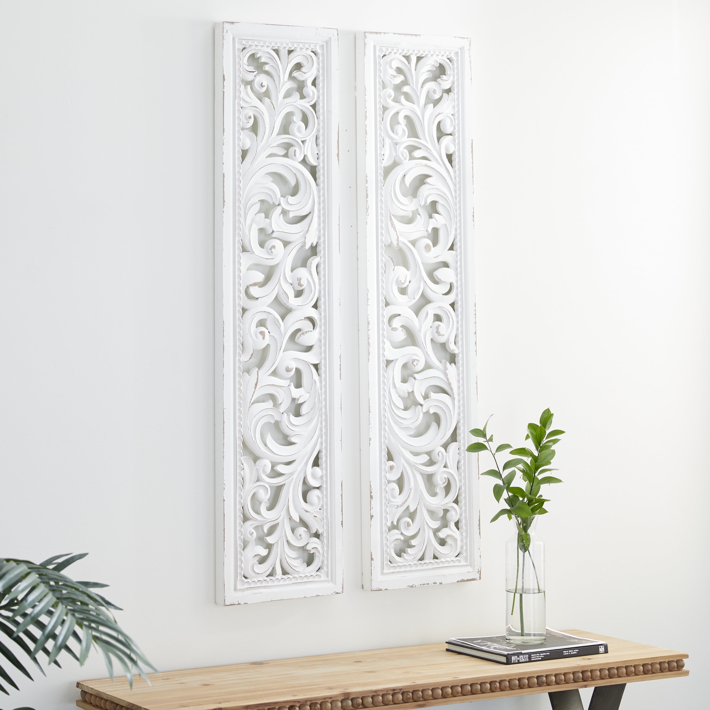 DecMode White Wood Intricately Carved Scroll Floral Wall Decor (2 Count ...
