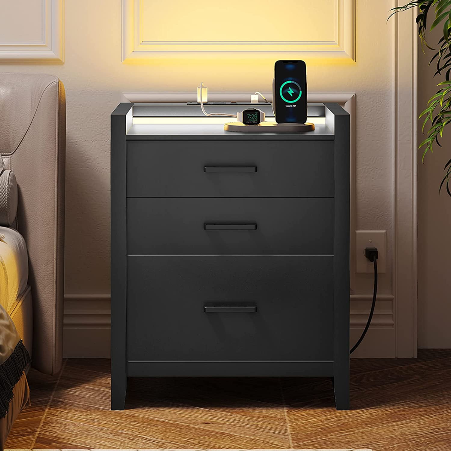 Nightstand with 3 Drawers & Charging Station, LED Nightstand End Side ...