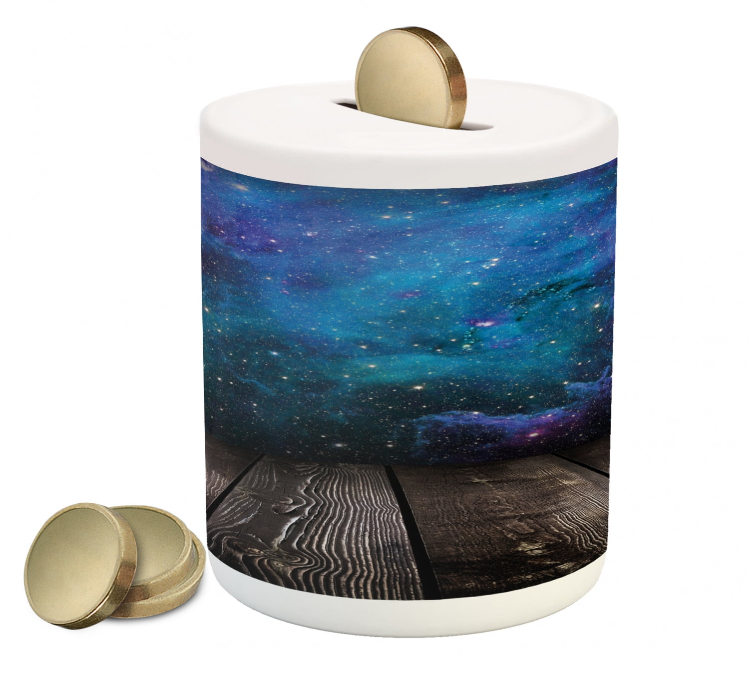Galaxy Piggy Bank, Outer Space View from Rustic Wooden Deck Blue Nebula ...