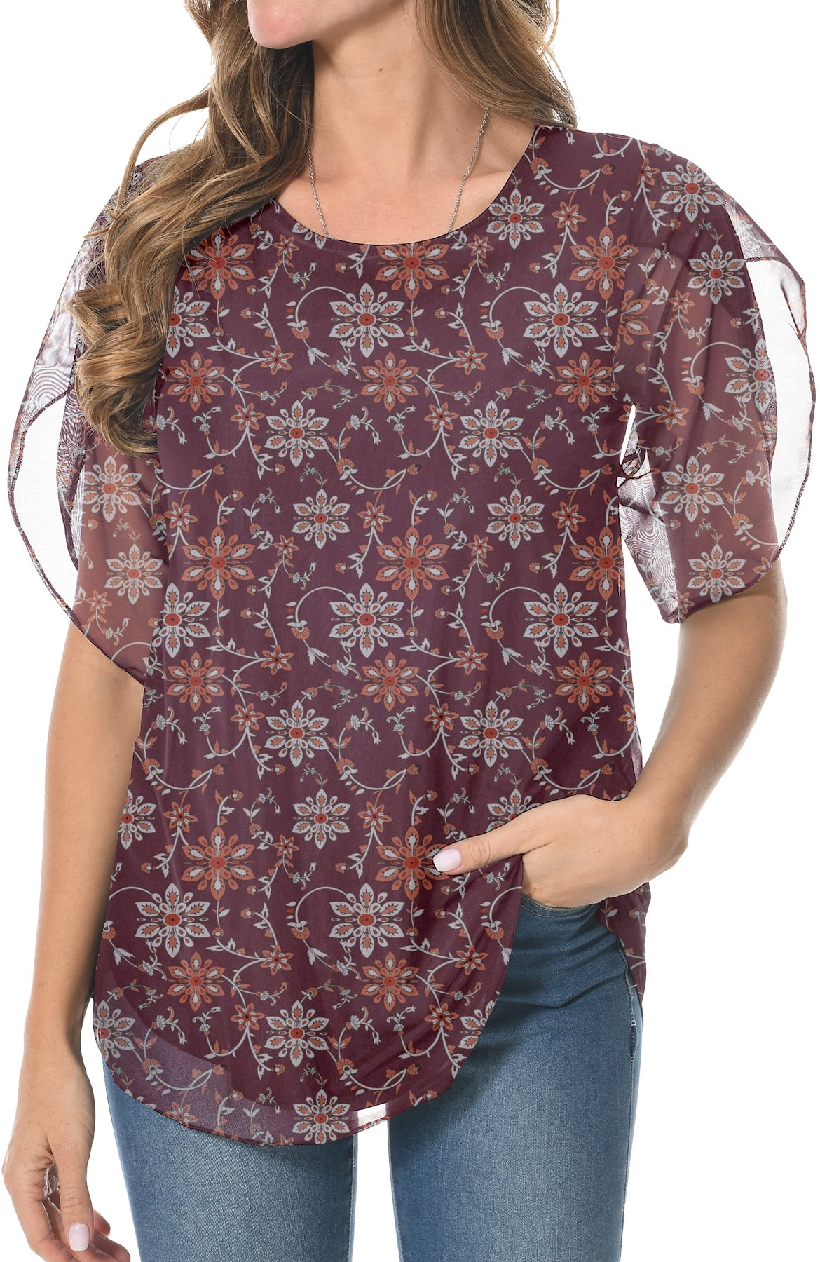 Aiyino Womens Ruffle 3/4 Sleeve Mesh Blouses Loose Flowy Tops Stretchy ...