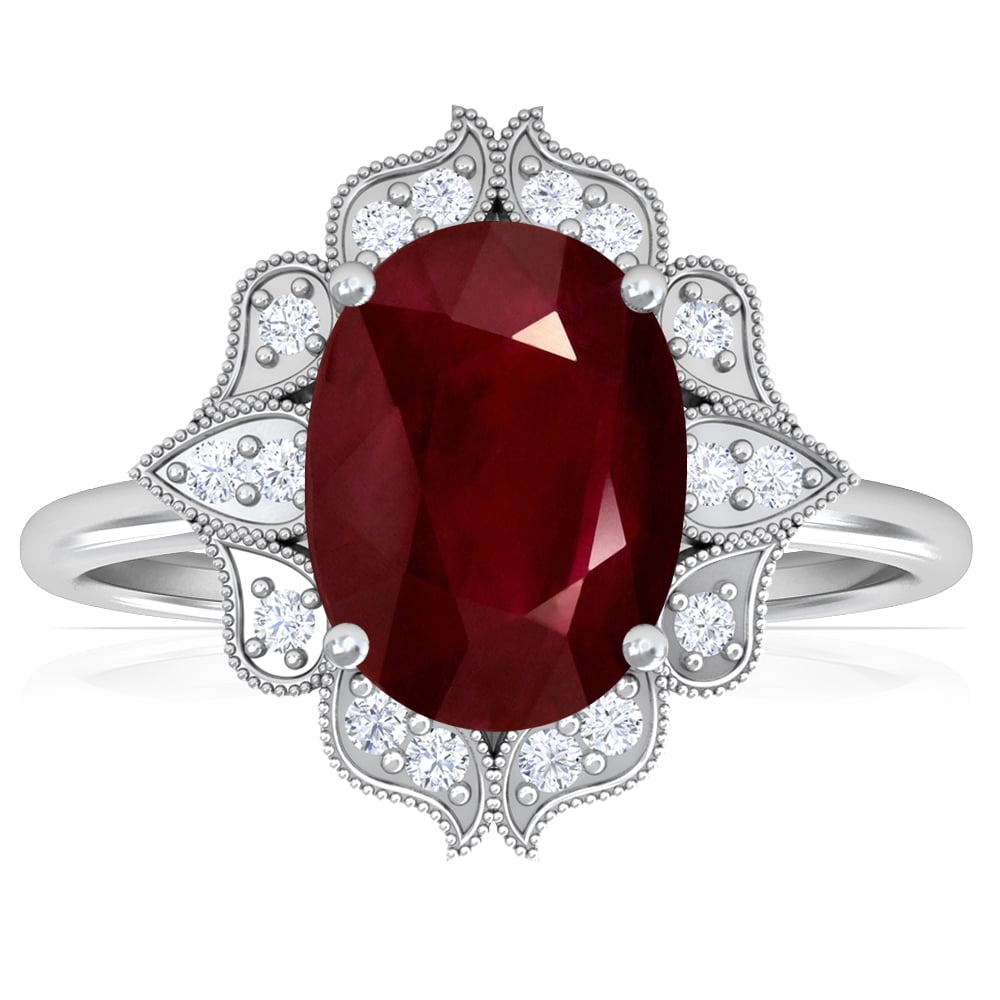 GemsNY July Birthstone - Vintage Oval Ruby Ring with Pave Set Diamond ...