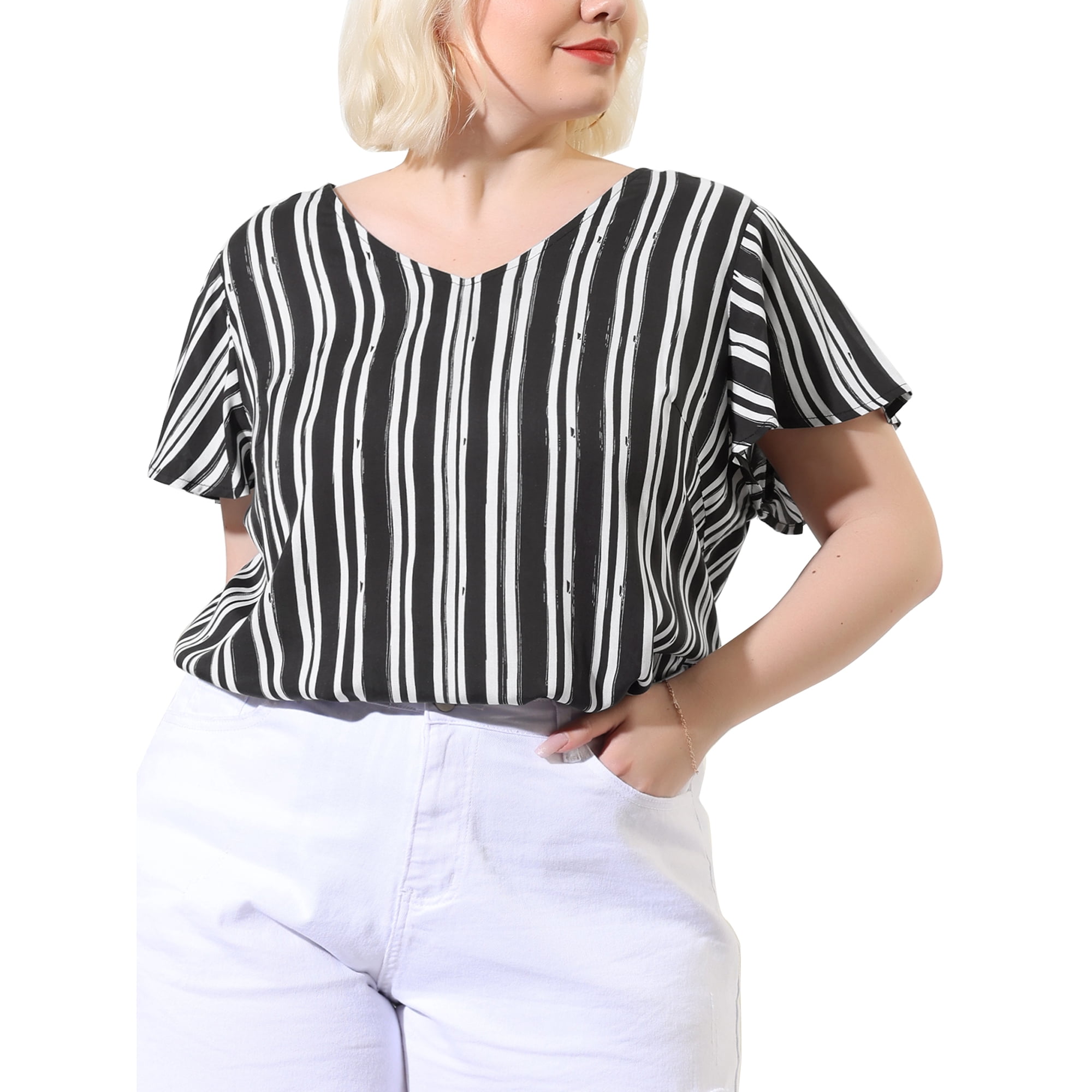 Click here for Grace & Grandeur Womens Plus Size Stripes Round Ne... prices