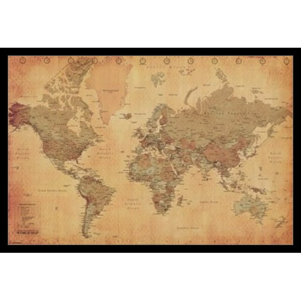 Map of the World, vintage (mercator projection) Laminated & Framed ...