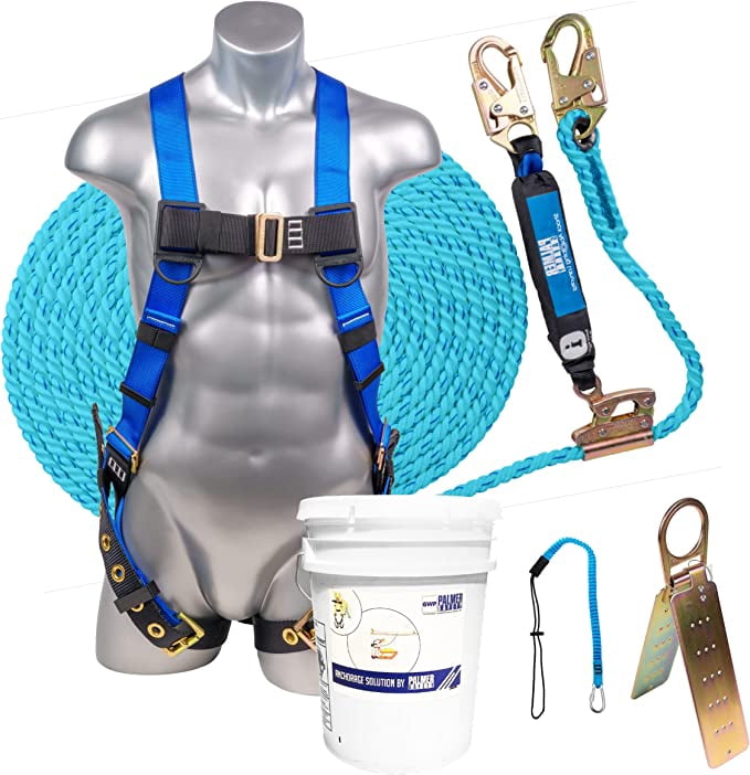 Palmer Safety Roofing Bucket Kit I Full-Body Harness, 50' Vertical Rope ...