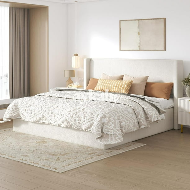 Aykah Aura Cream King Size Bed Frame With Storage, Modern Upholstered ...