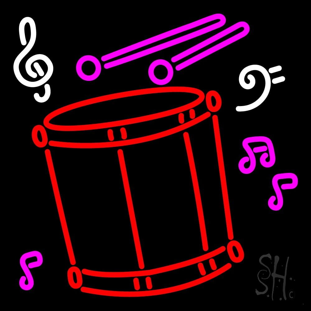 Drum With Musical Note LED Neon Sign 16" Tall x 16" Wide - inches Black ...