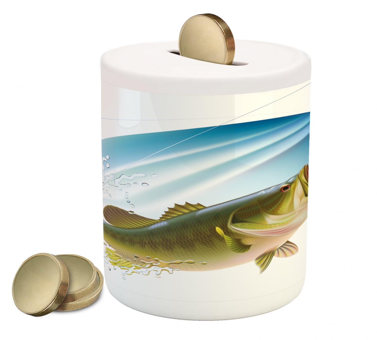 Fishing Piggy Bank, Largemouth Sea Bass Catching a Bite in Water Spray ...