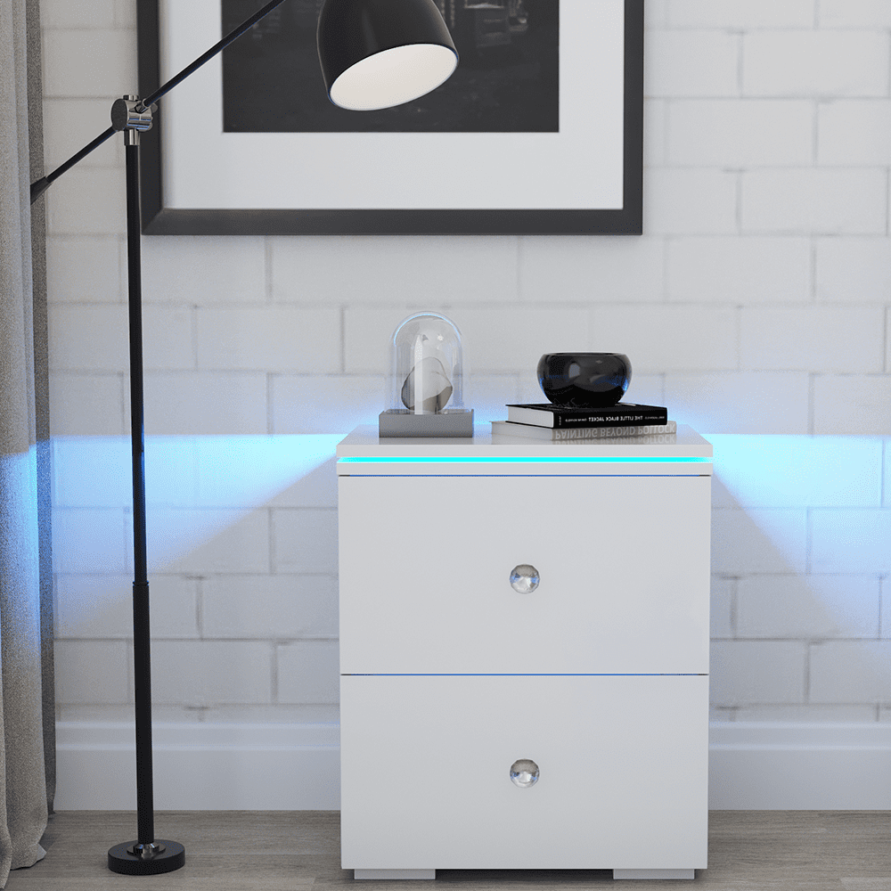 paproos End Table with LED Lights, Storage Table with 2 Drawers, White ...