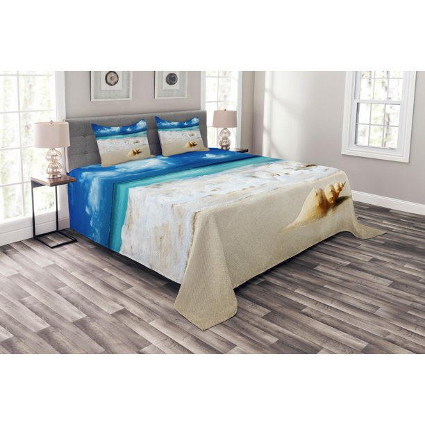 Seashells Bedspread Set Queen Size, Nautical Picture of Sunny Sandy ...