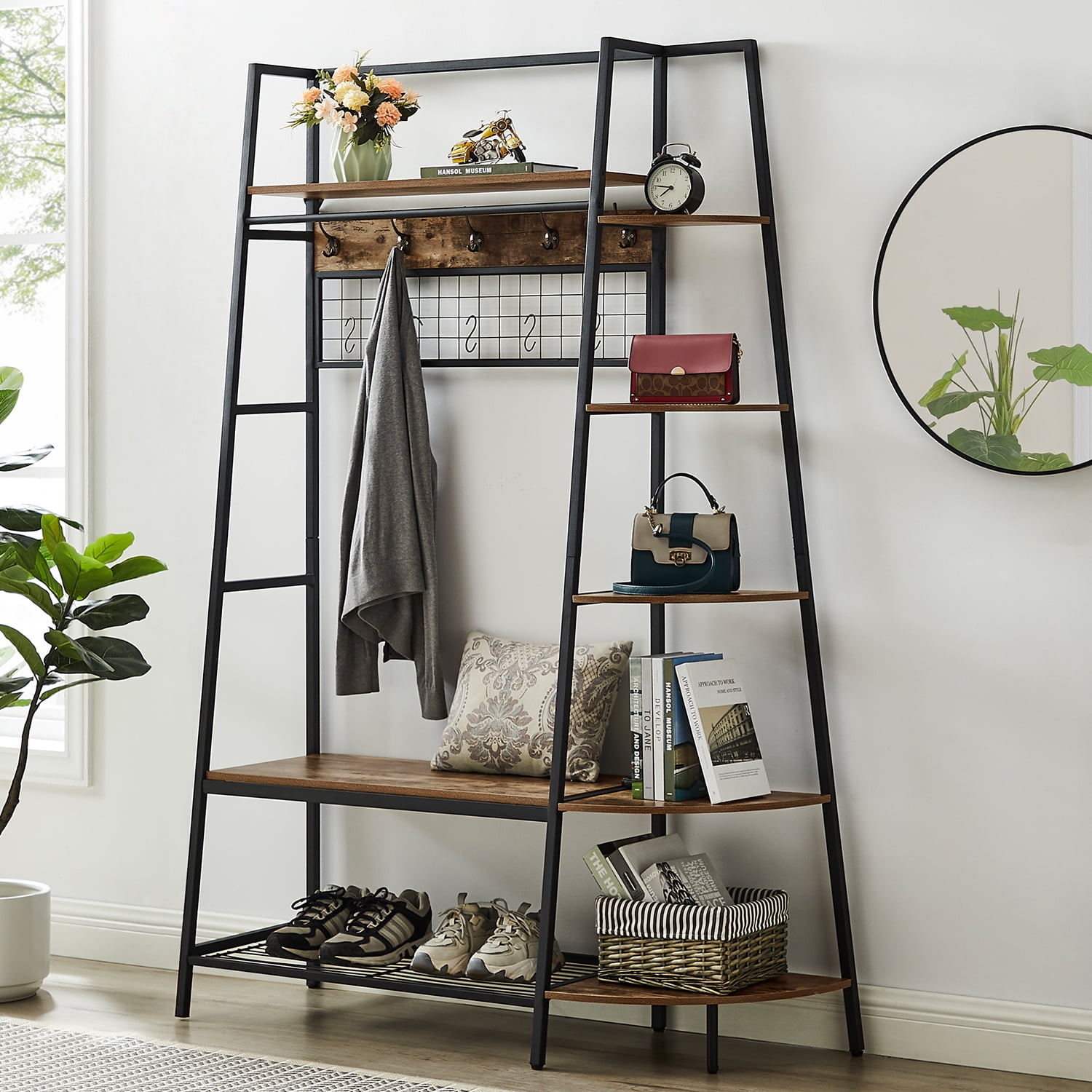 Entryway Clothing Rack with Hooks, Grid Area, Storage Shelves and Shoes ...