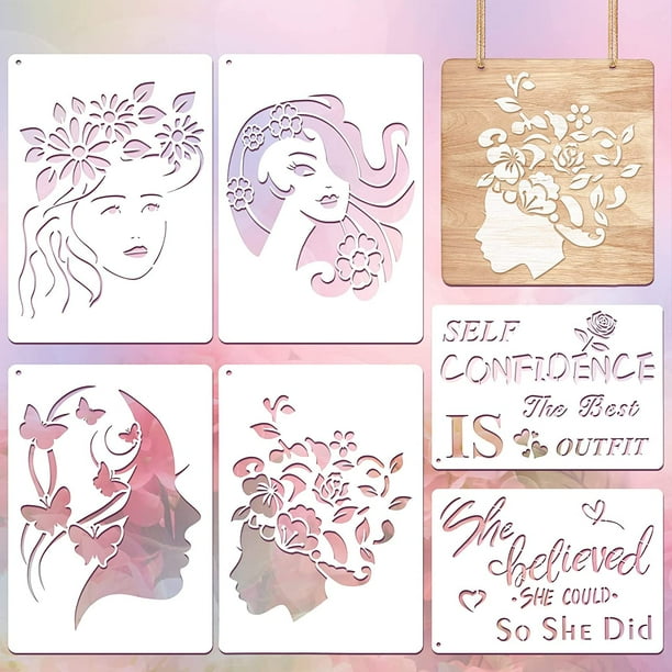 6 Pieces Women Stencil, Women Face Stencil Wall Stencil Woman Reusable ...