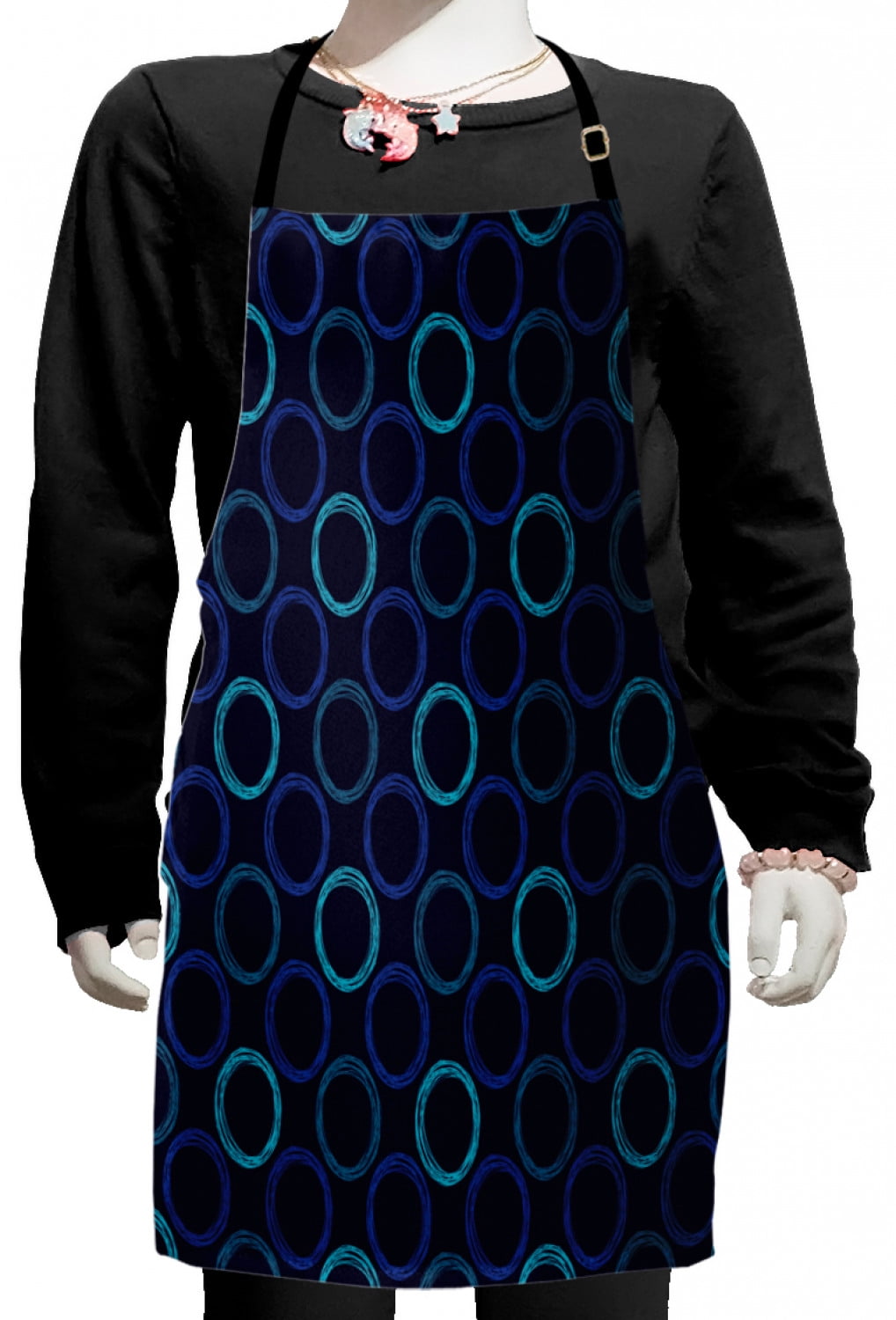 Geometric Kids Apron, Scribble Art Style Circles Ring Shapes on Dark ...