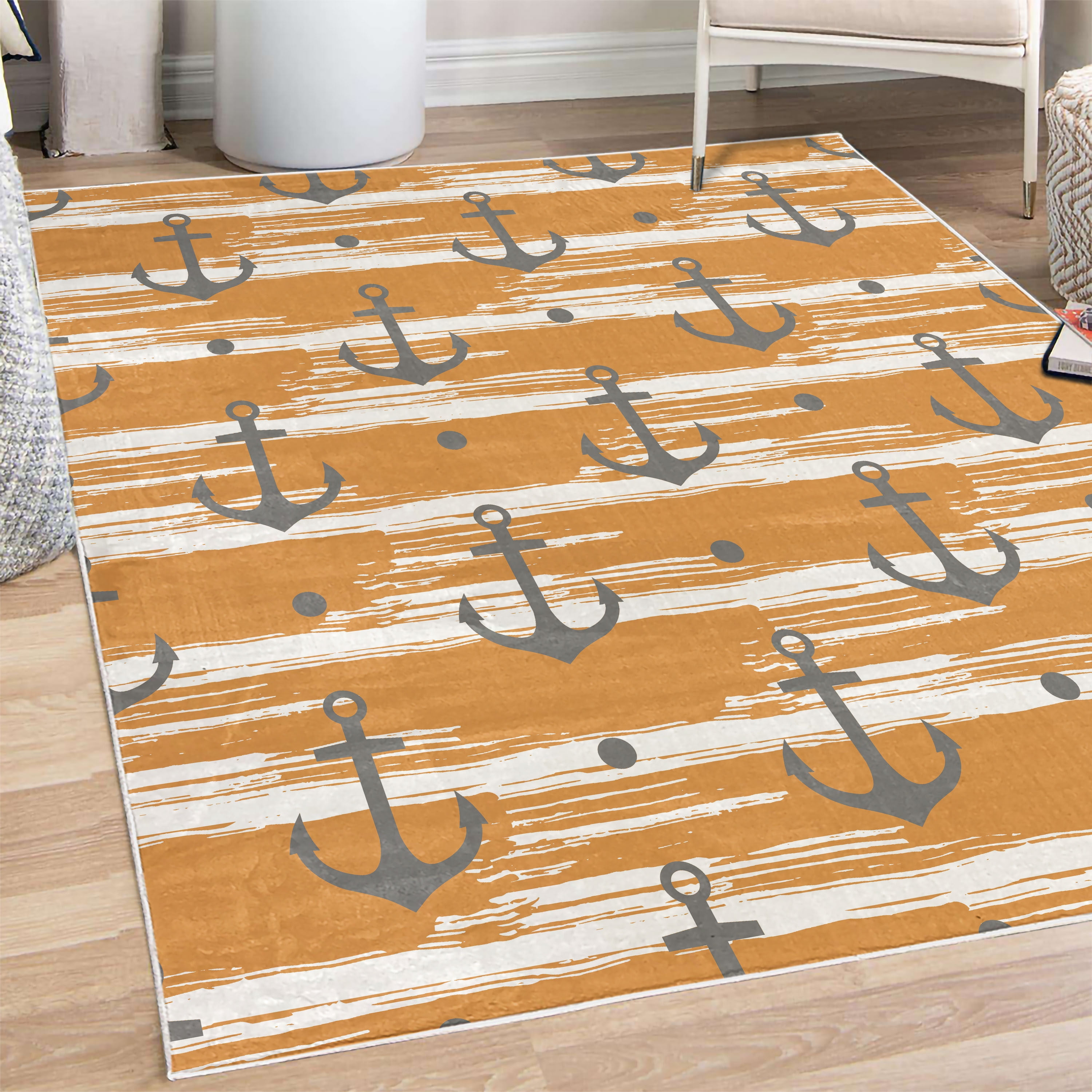 Marine Decorative Rug, Anchors and Skulls Crossed Bones Dots Pirate ...