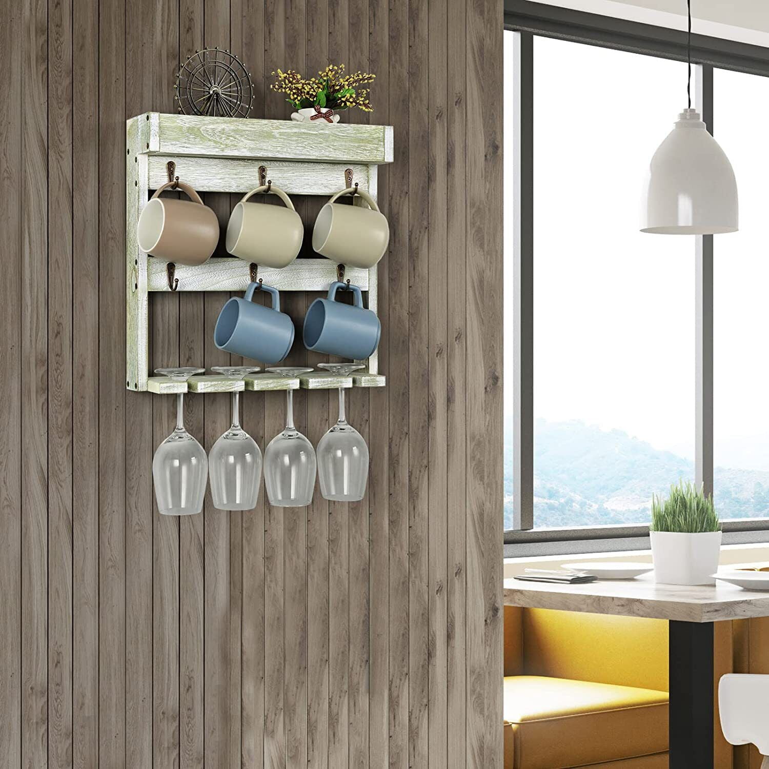 Rustic Wall Mounted Cup Organizer Wood Hanging Mug Rack w/Hooks Kitchen ...