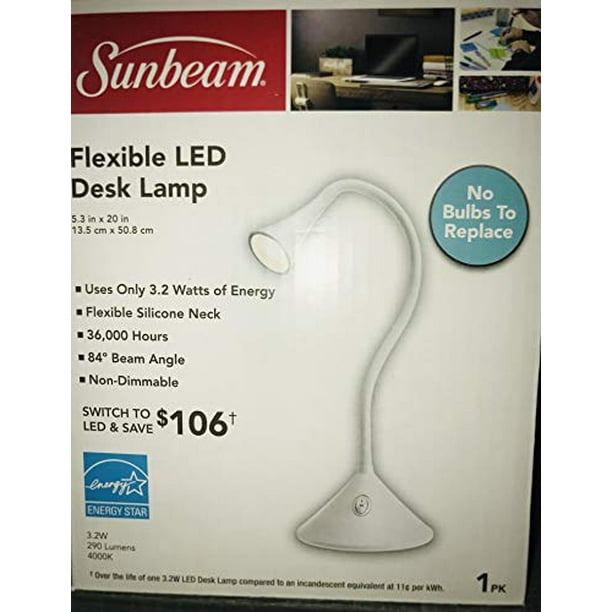 White Sunbeam Flexible LED Desk Lamp - No Bulbs to Replace- 5.3 in x 20 ...