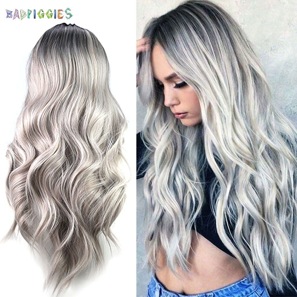 BadPiggies 26" Ladies Full Wig Silver Gray Long Wavy Heat Resistant ...