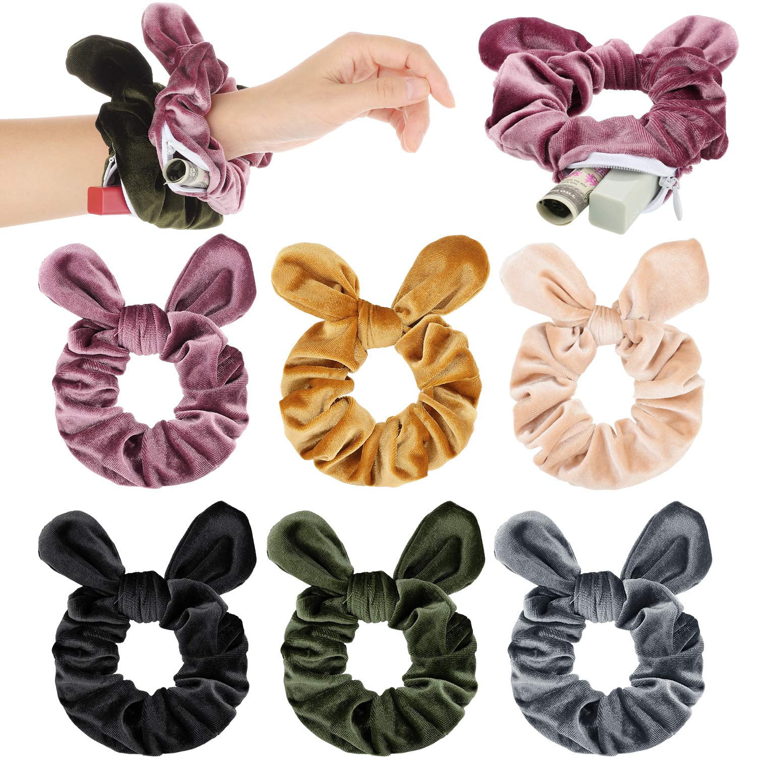 6 Pieces Velvet Bow Scrunchies with Zipper Pocket Storage Hair Ties ...
