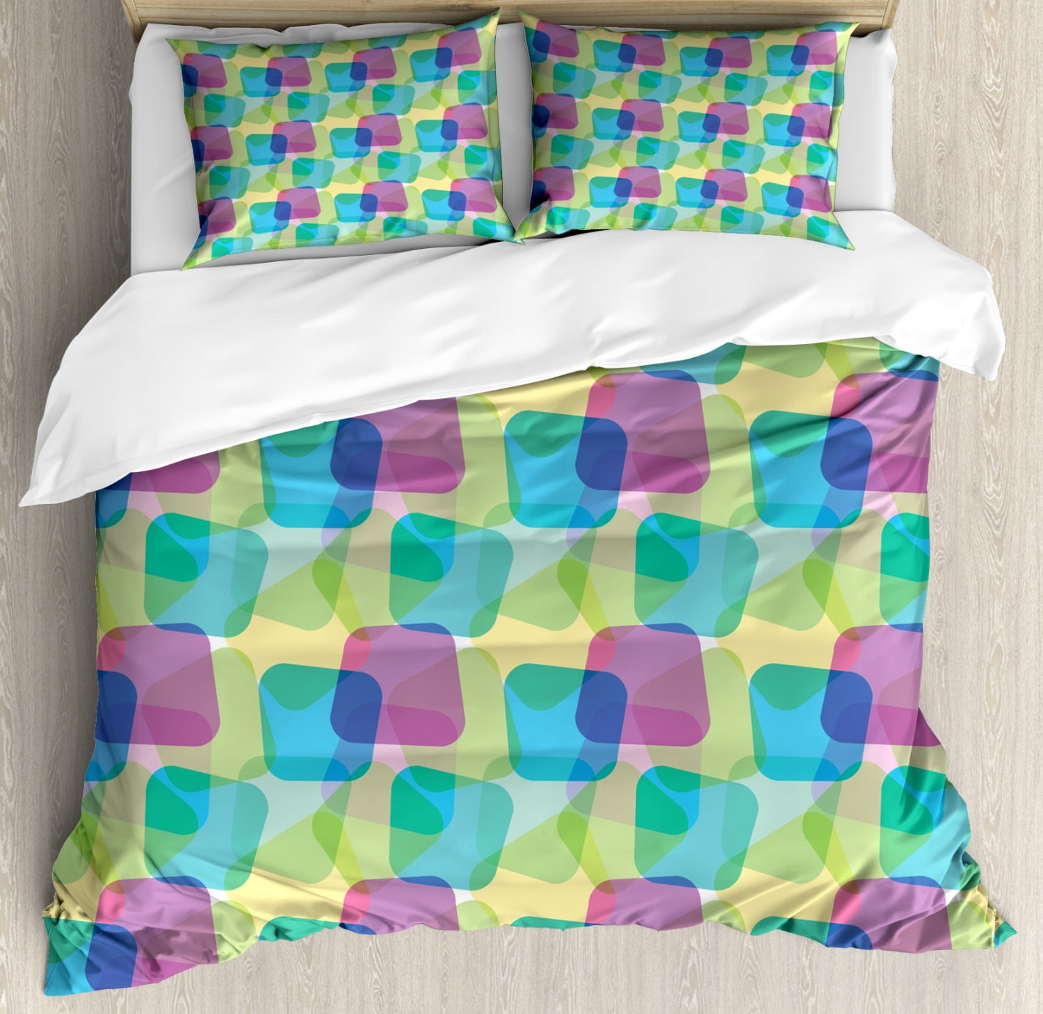 Colorful Duvet Cover Set King Size, Skewed Square Shapes with Round ...