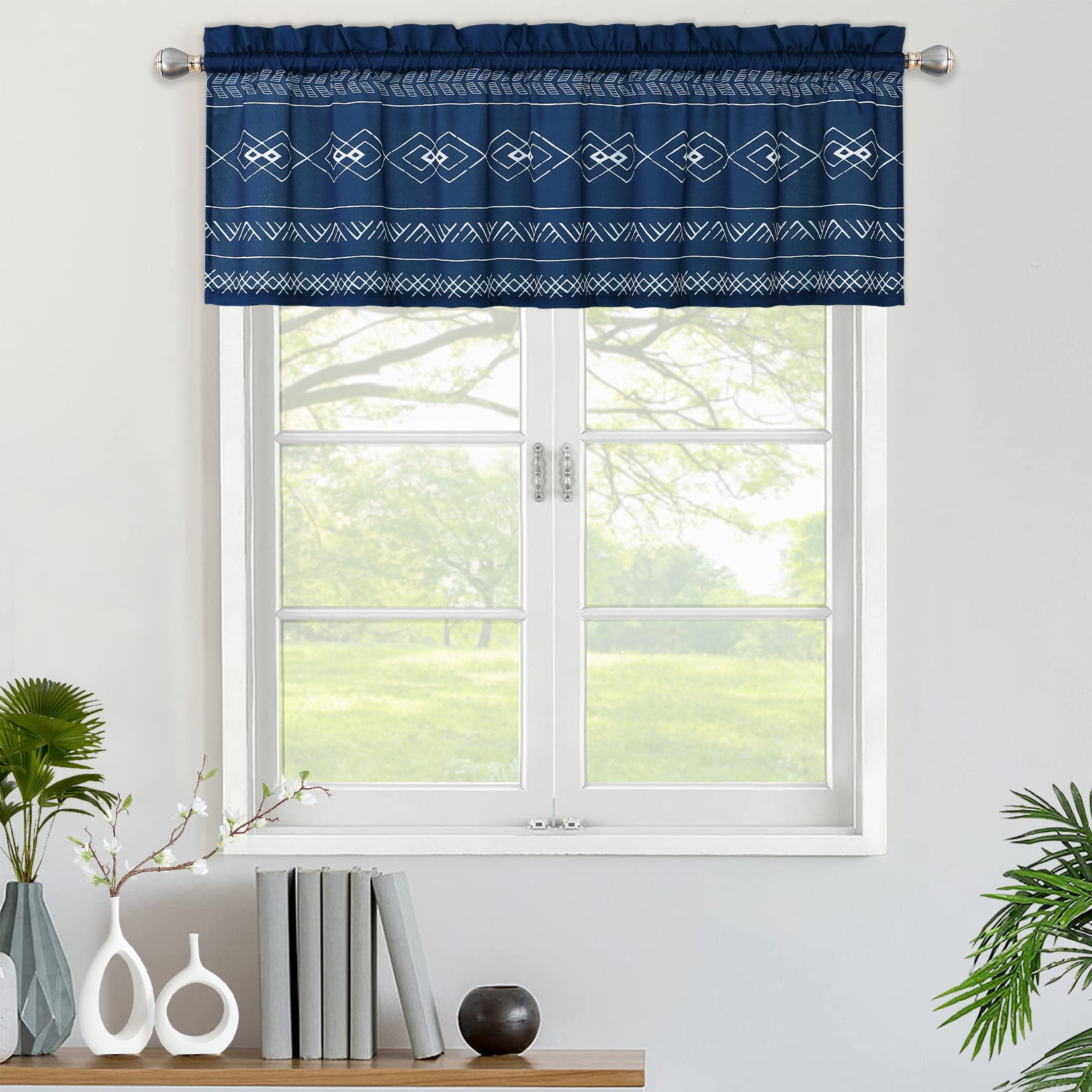 GlowSol Boho Kitchen Valance Navy Blue Geometric Pattern Window Valance ...