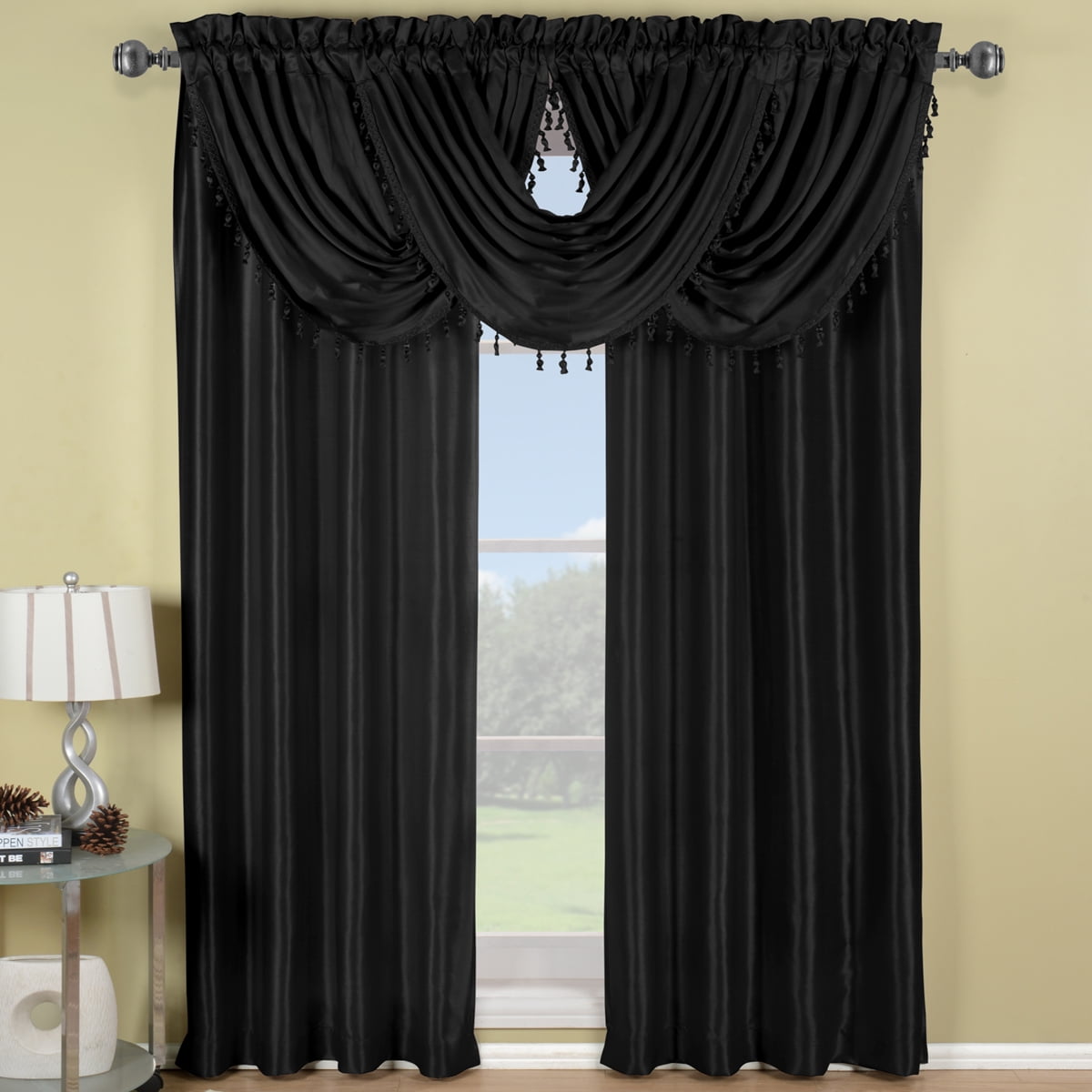 Single Soho Faux Silk Waterfall Window Valance- Black - 57x37 - Walmart.com