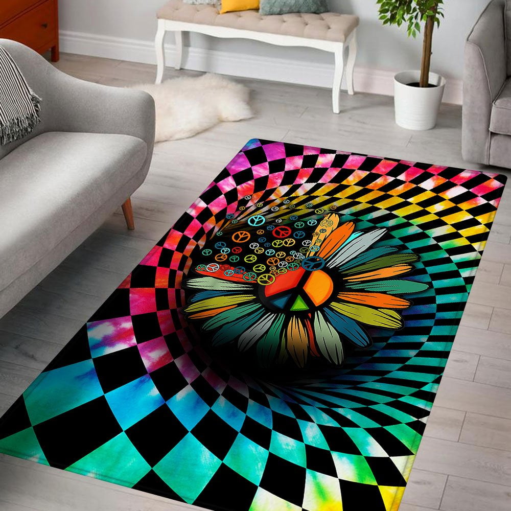Rectangle Area Rug For Living Room, Bedroom, Hippie Peace Illusion Rug ...