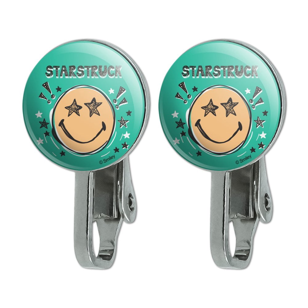Starstruck Smiley Face with Stars Novelty Clip-On Stud Earrings ...