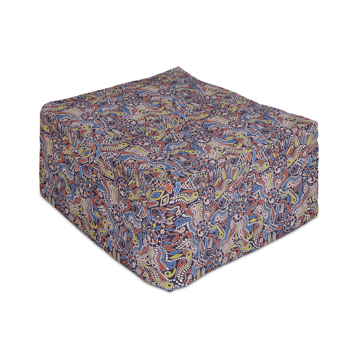 Ethnic Rectangle Pouf, Mosaic Style Folk Prehistoric Historical Nature ...