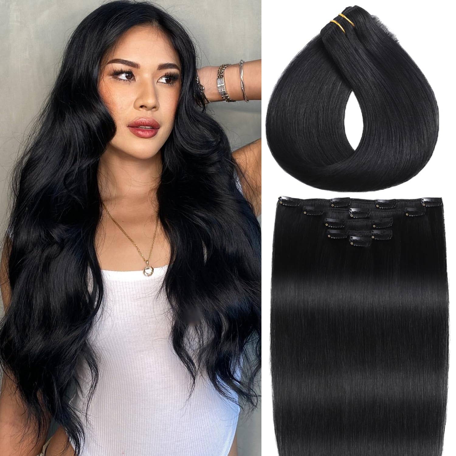 Extensiones con forma de pinza para el pelo, color negro azabache, 20 ...