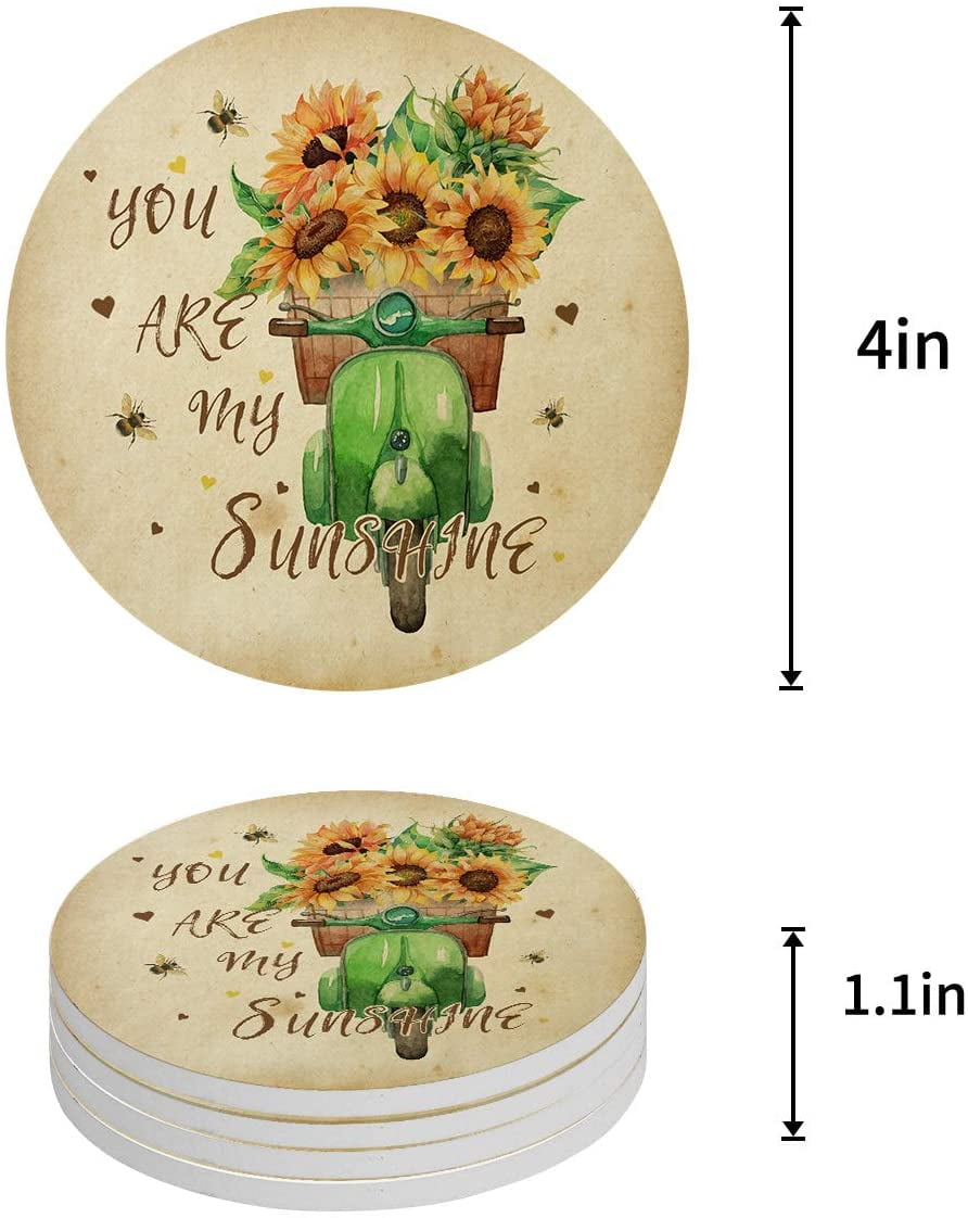 FMSHPON Green Bicycle with Sunflowers Retro Set of 4 Round Coaster for ...