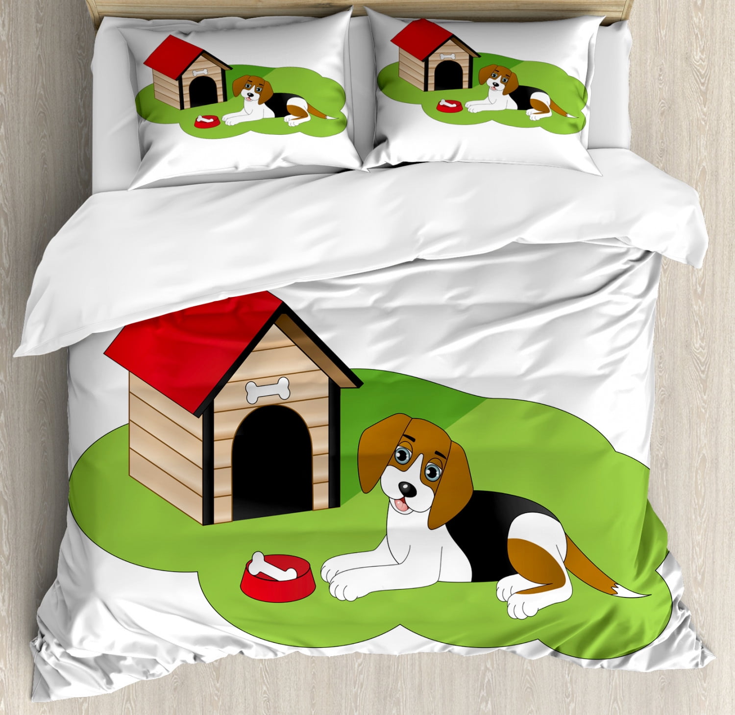 Beagle Duvet Cover Set King Size, Cartoon of Dog House Bone Food Grass ...