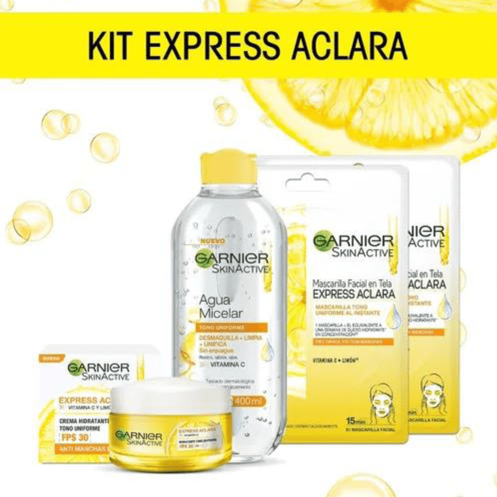 PACK Garnier Express Aclara: Crema, Agua Micelar, Mascarillas Garnier ...