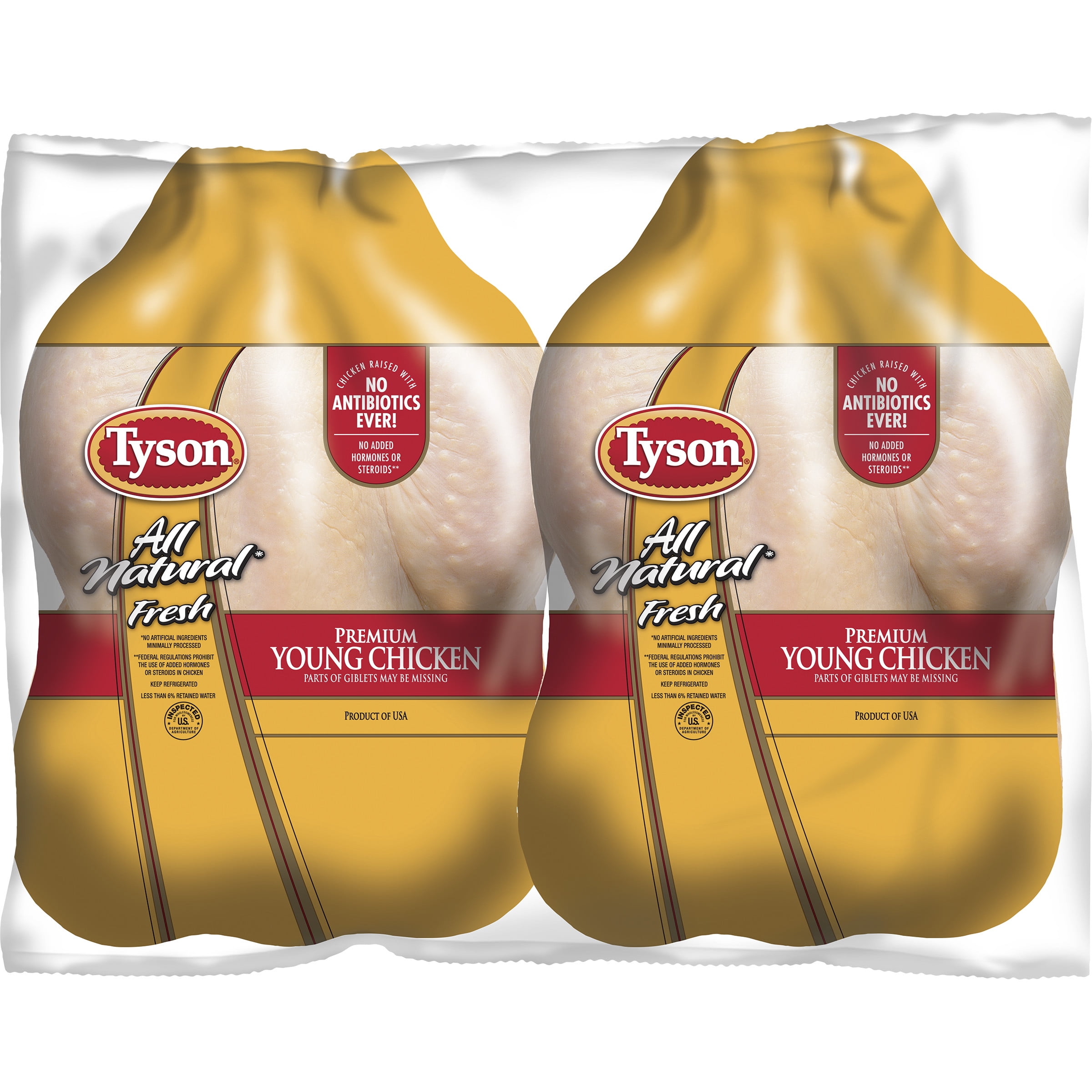 Tyson All Natural Fresh Premium Young Whole Chicken, Twin Pack, 10.0 ...