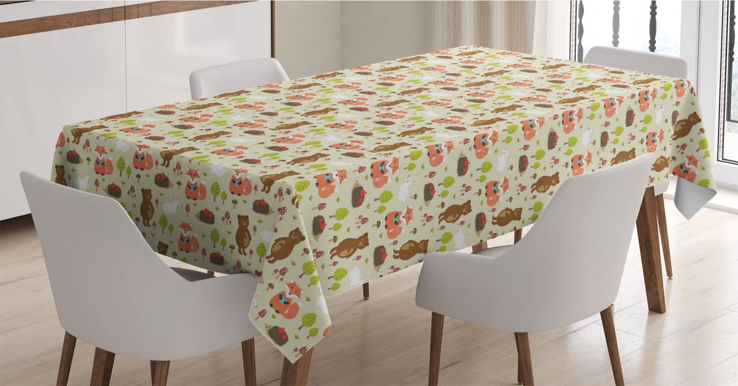 Cartoon Tablecloth, Forest Doodle with Bears Hedgehog Fox Trees ...