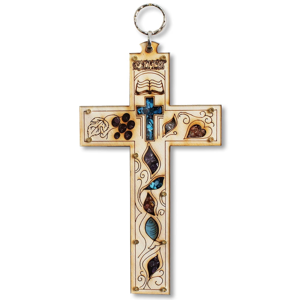 Wooden Christian Cross with Simulated Gemstones Wall Plaque Decor ...