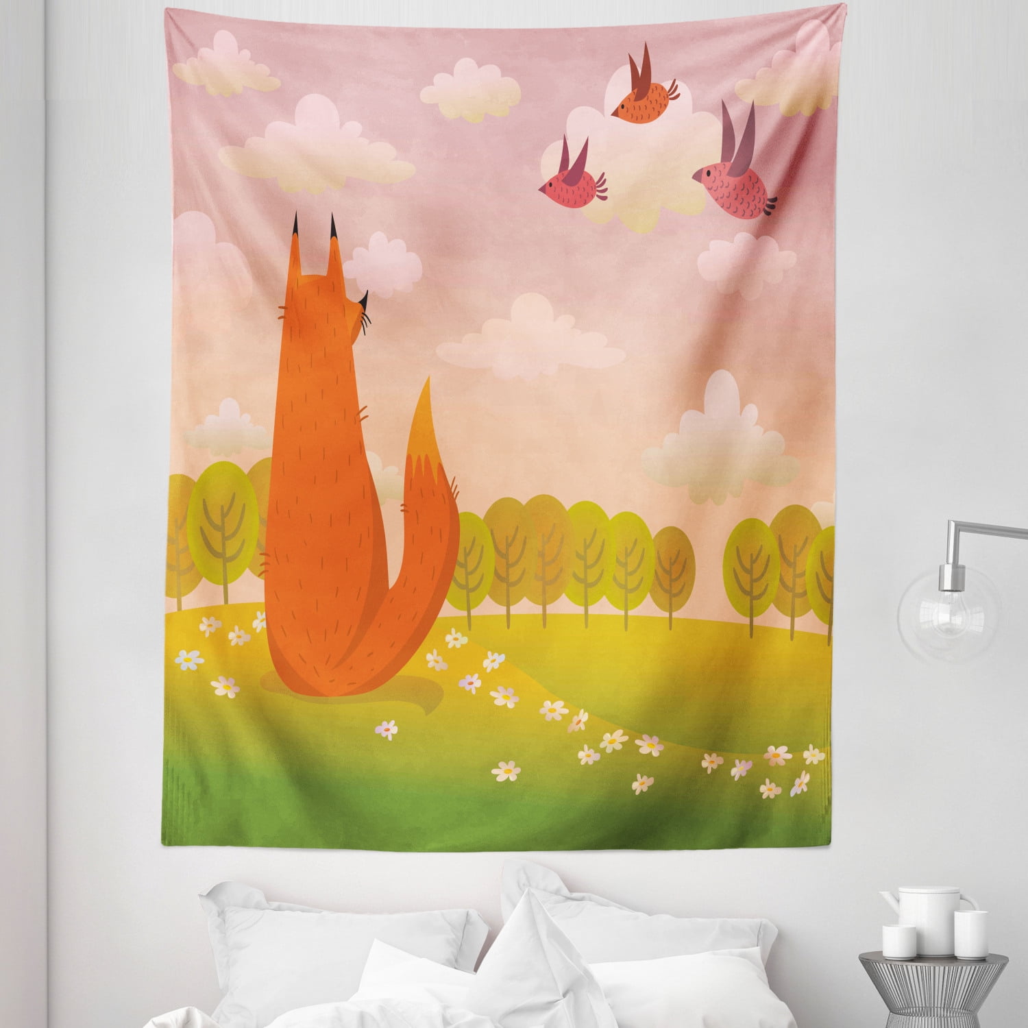 Cartoon Tapestry, Animal Fox Wildlife in Valley Farm Sunset with Birds ...