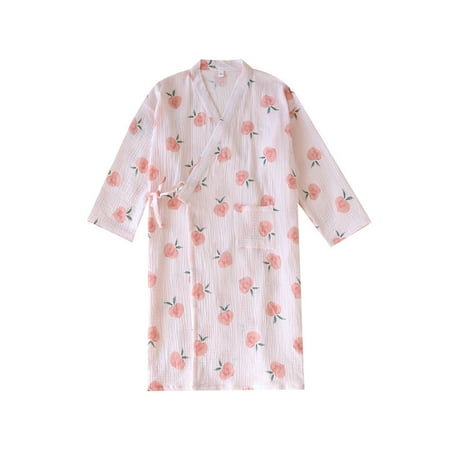 Enqiretly Peach Bathrobe Japanese-style Long Kimono Robe Crepe ...