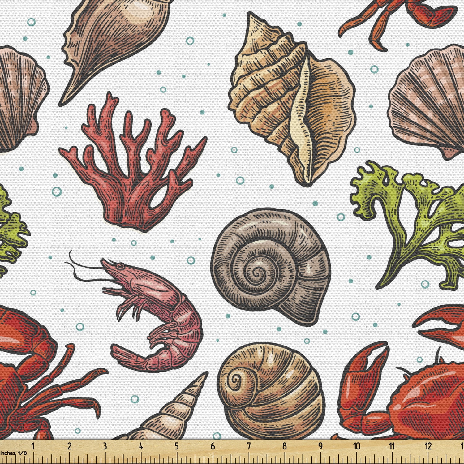 Sea Shells Fabric by the Yard Upholstery, Maritime Pattern Shrimp Crab ...