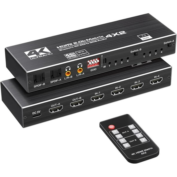 4K HDMI Matrix Switch 4x2 with Optical and LR Audio Output, IR Remote ...